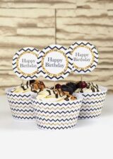 Happy birthday cupcake toppers and wrappers (black chevron and glitter ...