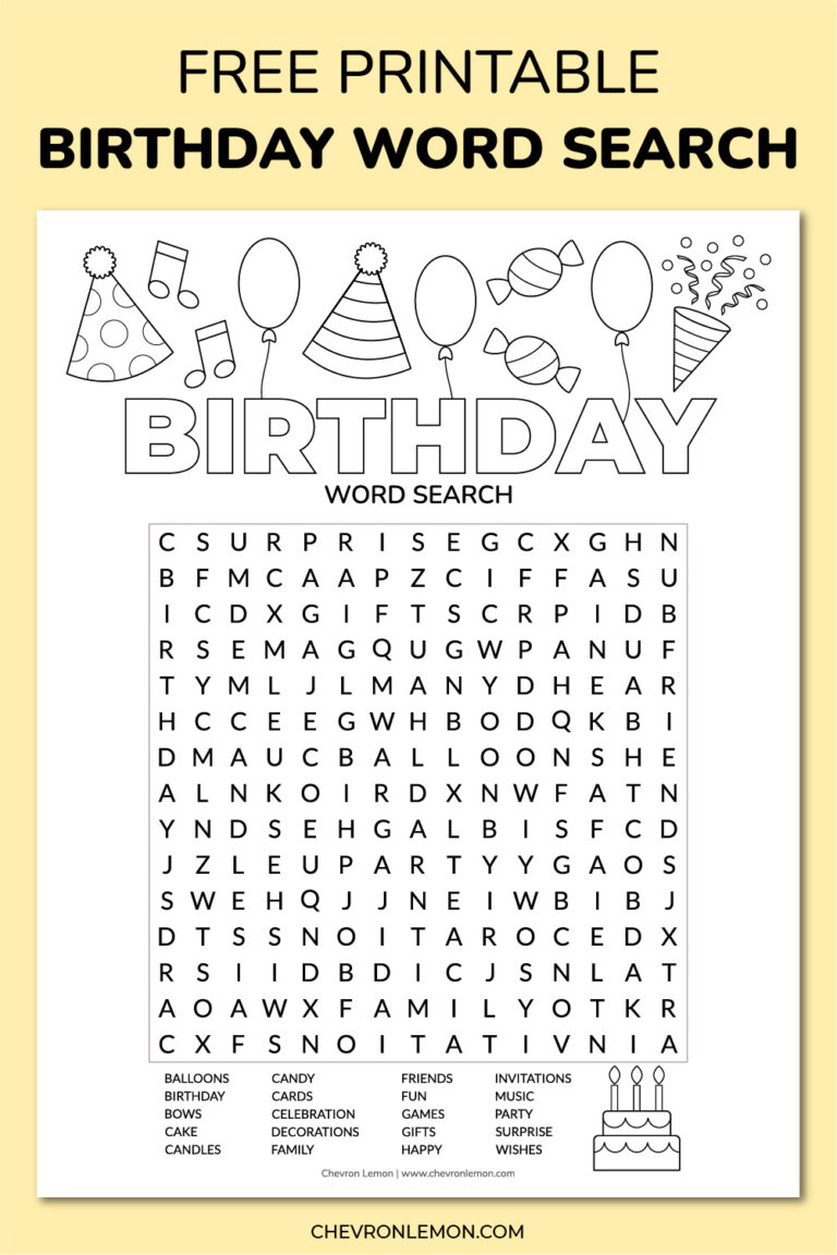 Printable birthday word search - Chevron Lemon