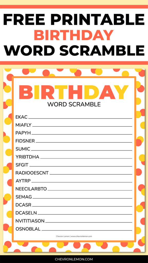 Printable birthday word scramble - Chevron Lemon