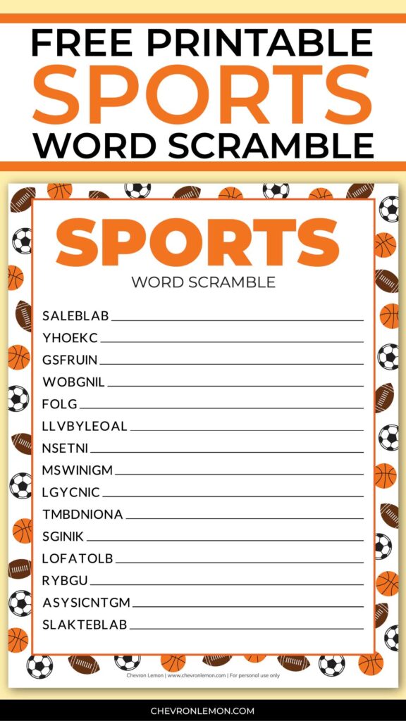 Printable Sports Word Scramble Chevron Lemon