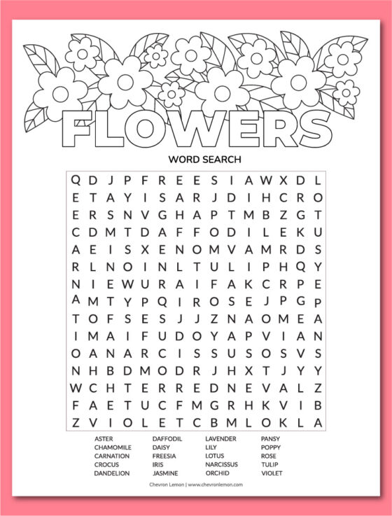 Printable flower word search - Chevron Lemon