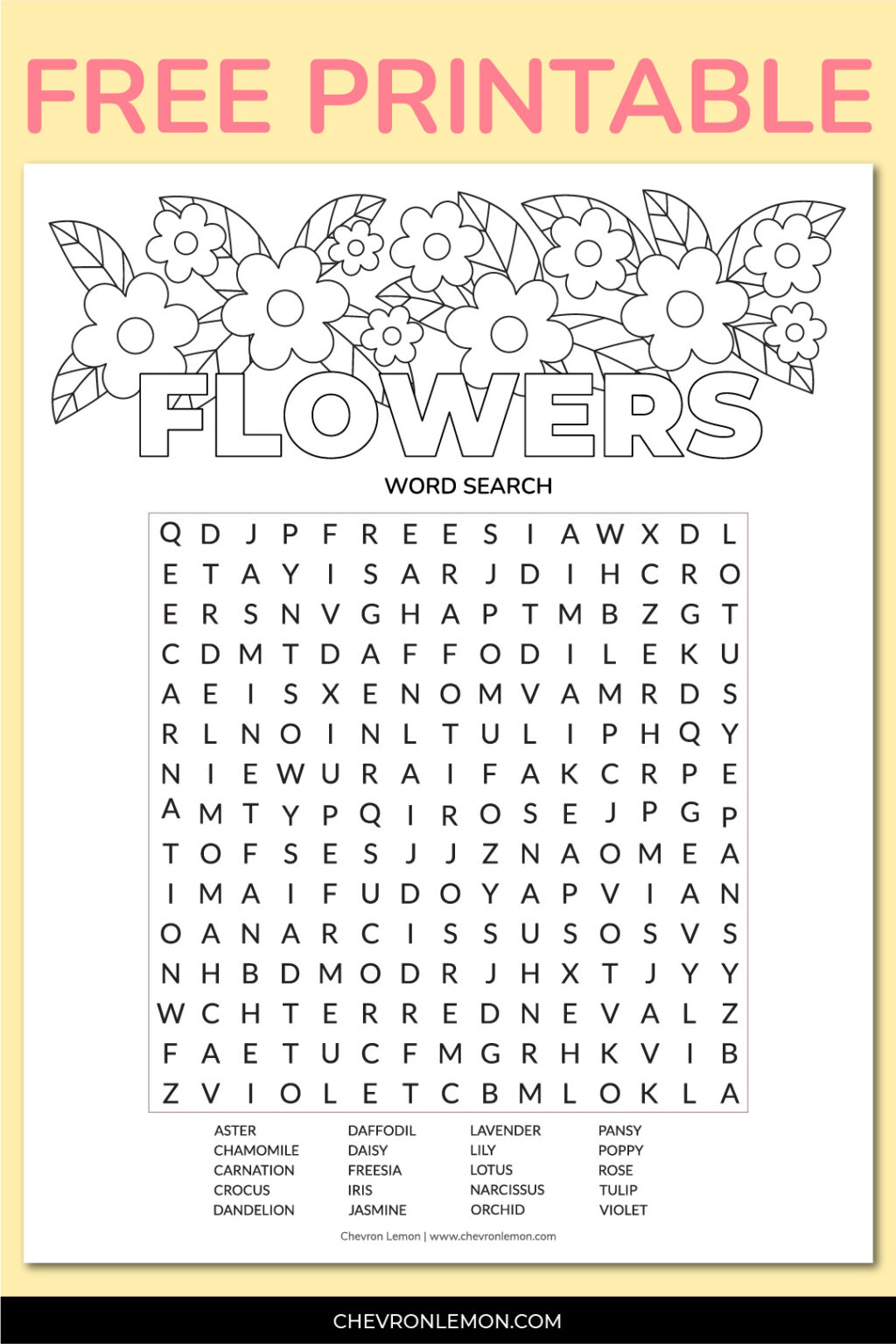 Printable flower word search - Chevron Lemon