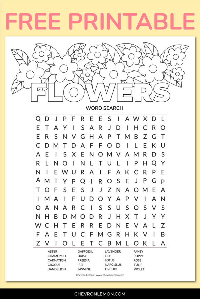 Printable flower word search - Chevron Lemon