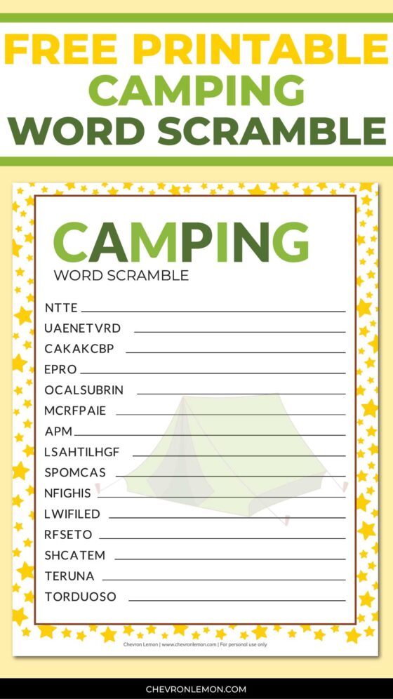 Printable camping word scramble - Chevron Lemon