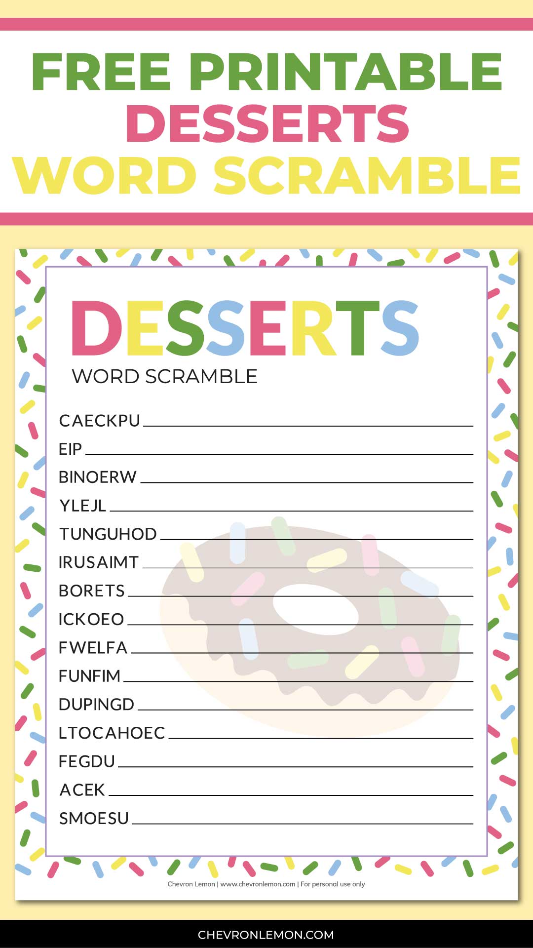 Printable Desserts Word Scramble Chevron Lemon Printable Desserts Word Scramble Chevron Lemon