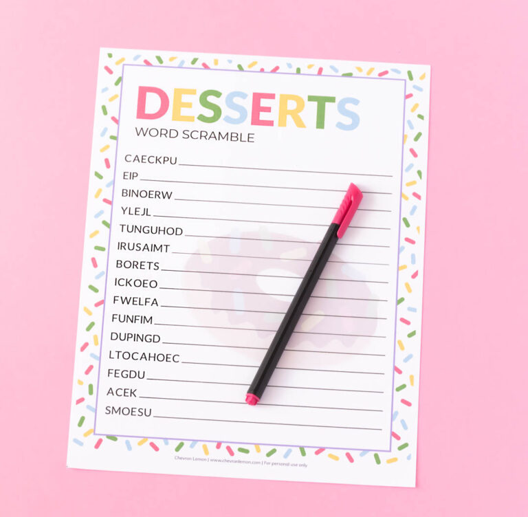 Printable desserts word scramble - Chevron Lemon