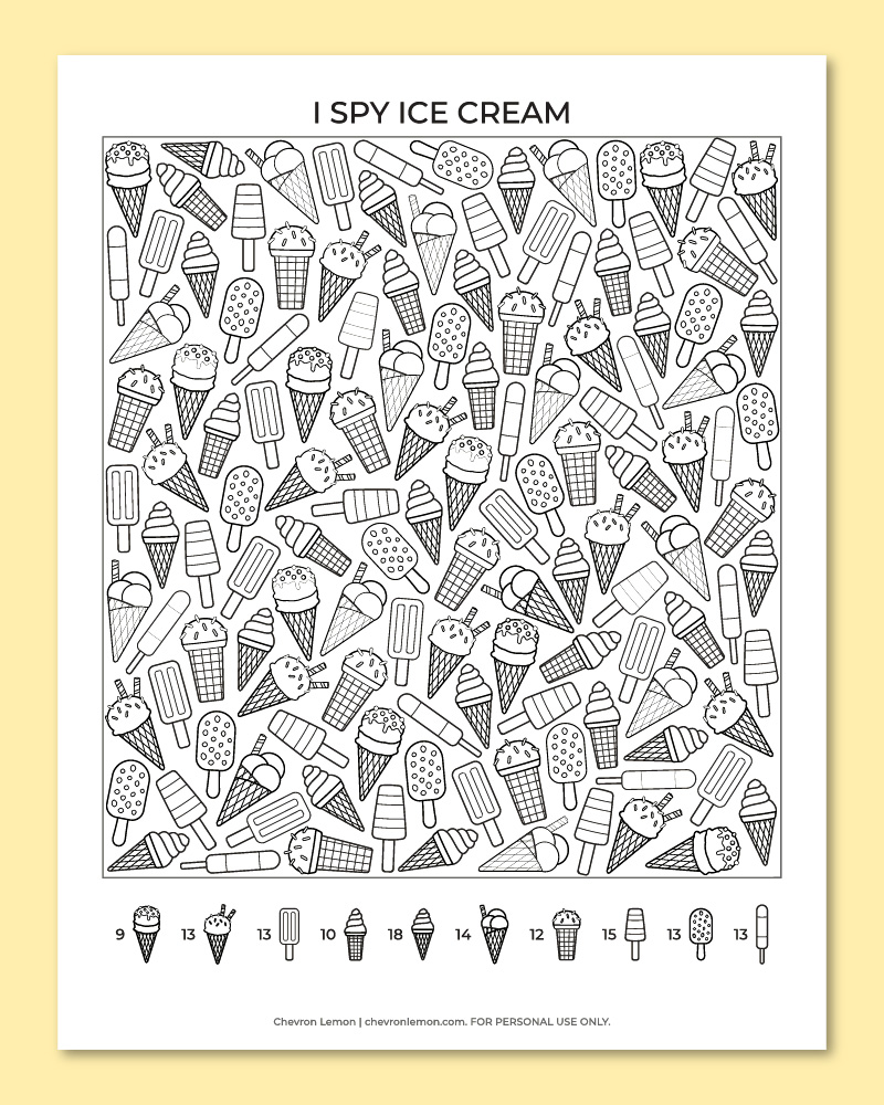Printable I spy ice cream - Chevron Lemon
