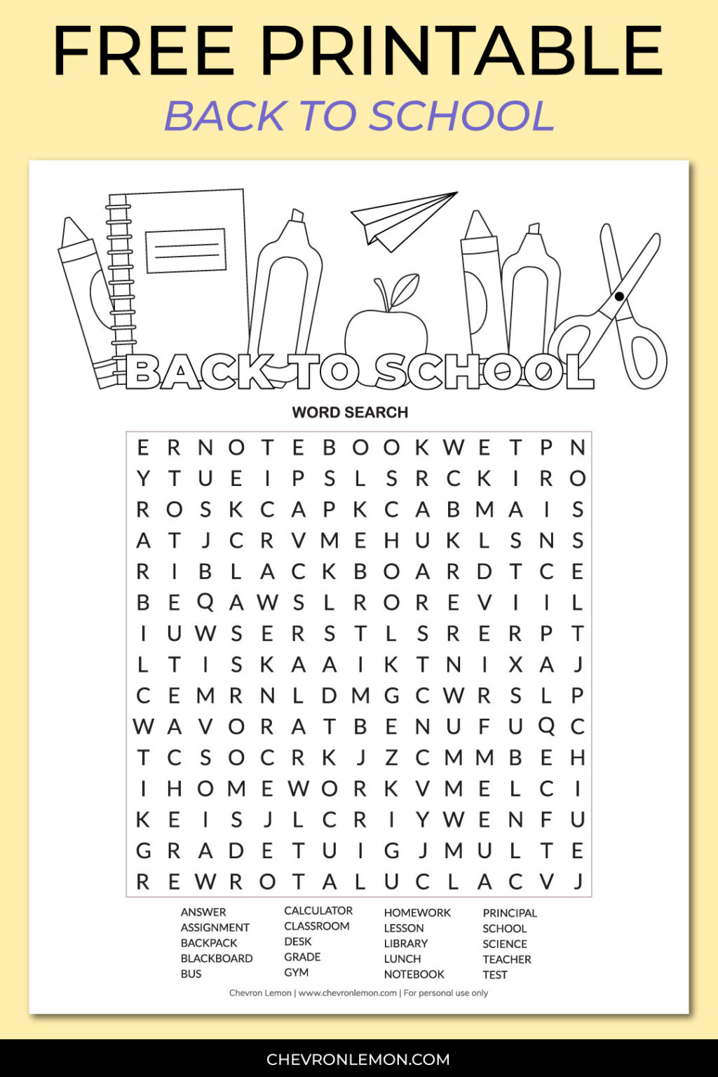 Printable back to school word search - Chevron Lemon