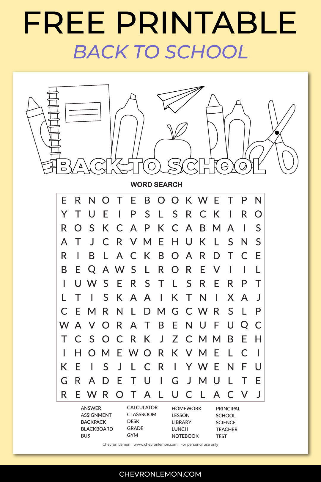 Printable Back To School Word Search Chevron Lemon Printable Back To School Word Search Chevron Lemon