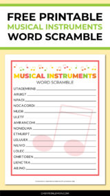 Printable musical instruments word scramble - Chevron Lemon