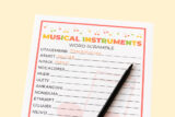 Printable musical instruments word scramble - Chevron Lemon