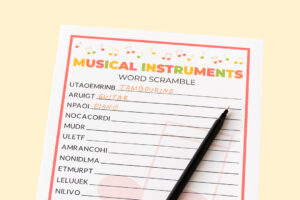 Printable musical instruments word scramble - Chevron Lemon