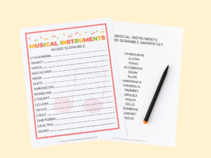 Printable musical instruments word scramble - Chevron Lemon