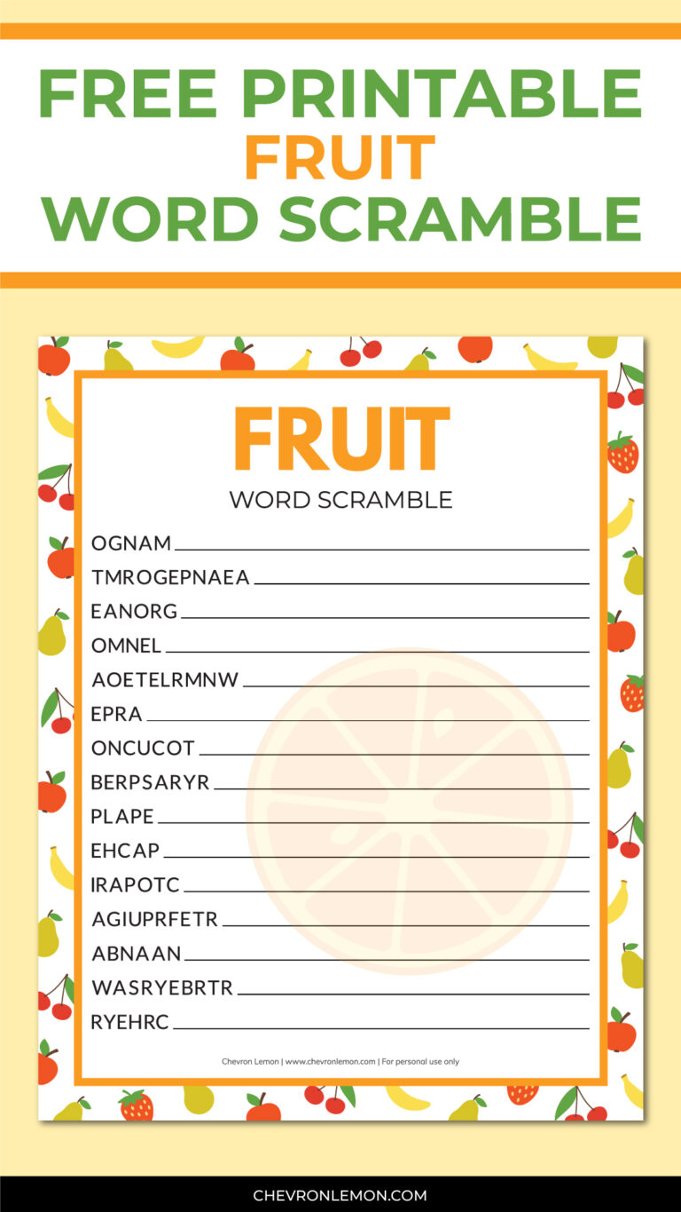 Printable fruit word scramble - Chevron Lemon