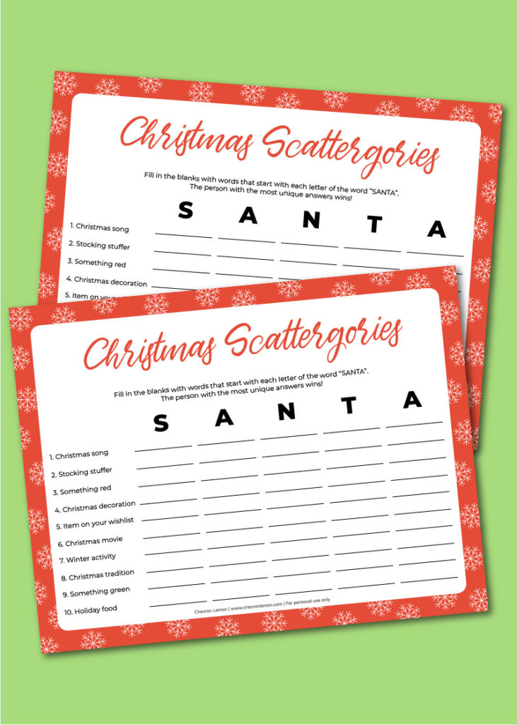 Printable Christmas scattergories - Chevron Lemon