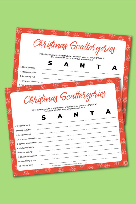 Printable Christmas scattergories - Chevron Lemon