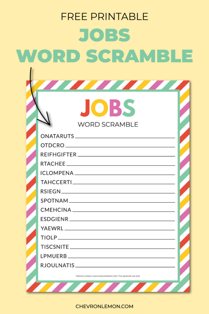 Printable jobs word scramble - Chevron Lemon