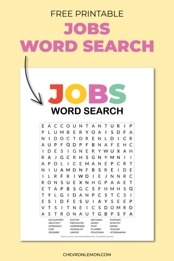 Printable jobs word search - Chevron Lemon
