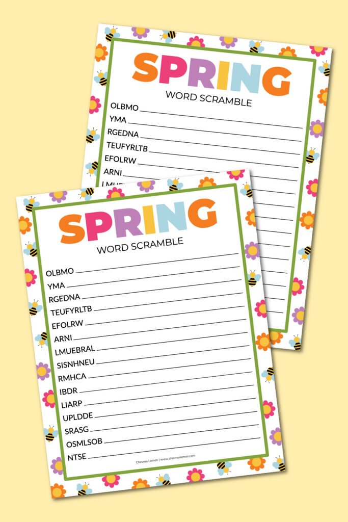 Printable spring word scramble - Chevron Lemon