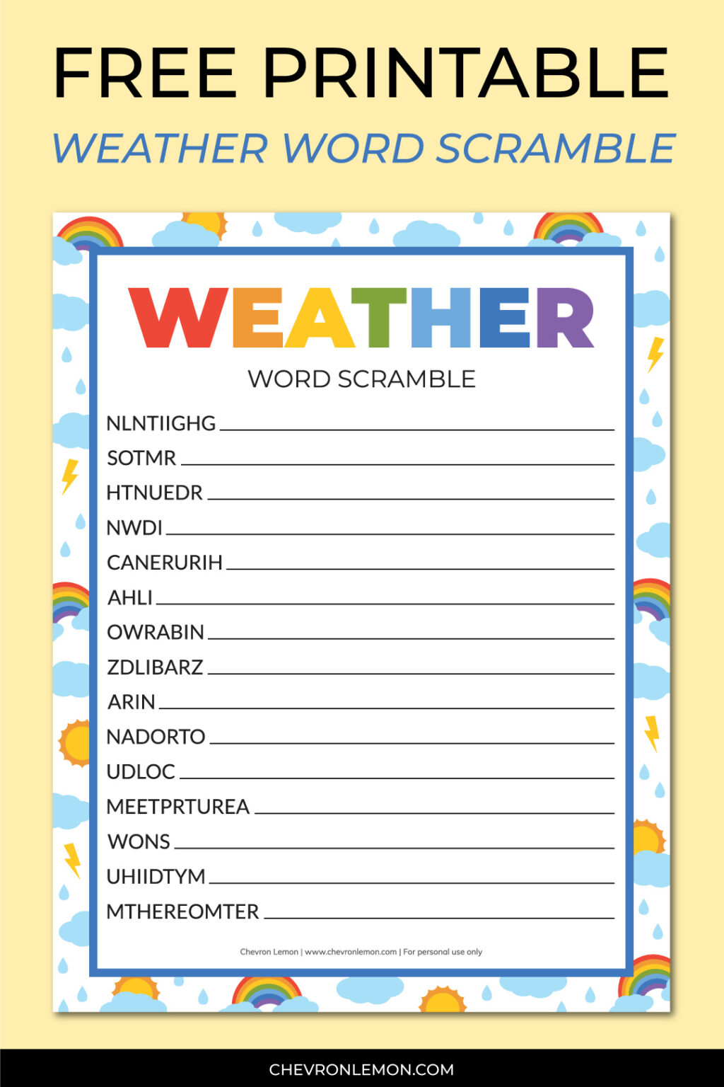 Printable weather word scramble - Chevron Lemon