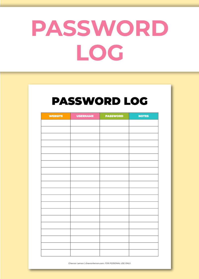 Printable password log - Chevron Lemon