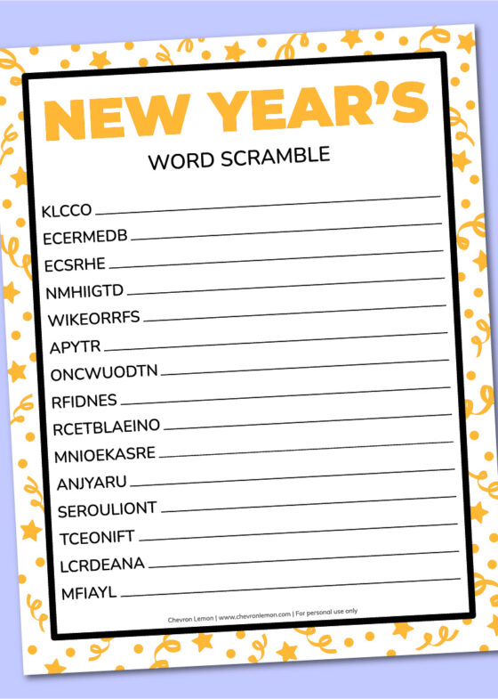 Printable New Year's word scramble - Chevron Lemon