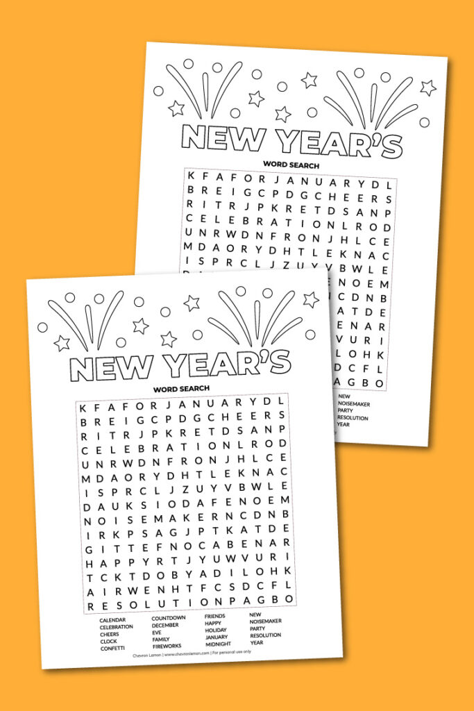 Printable New Year's word search - Chevron Lemon