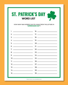 Printable St. Patrick's Day word list - Chevron Lemon